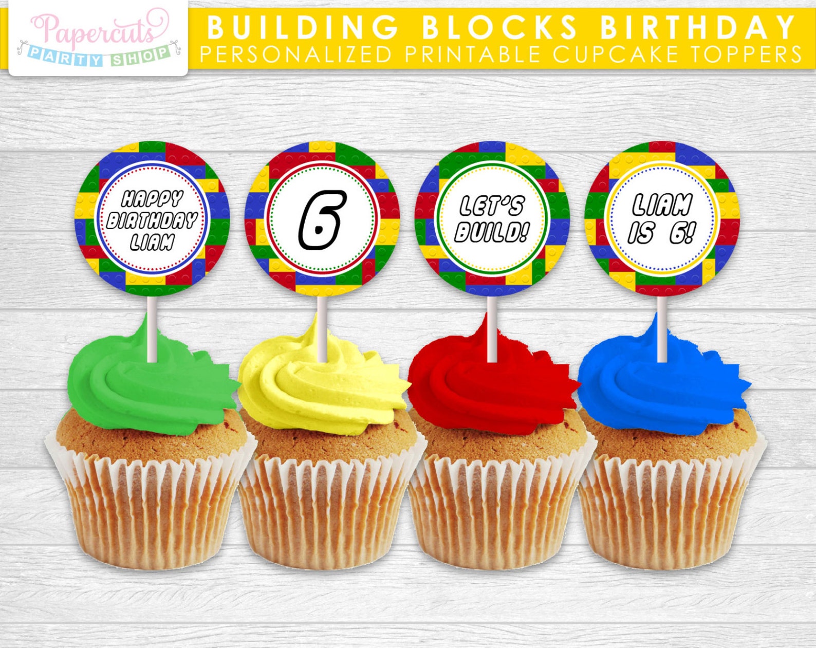 Building Blocks Theme Birthday Party Cupcake Toppers Yellow - Etsy