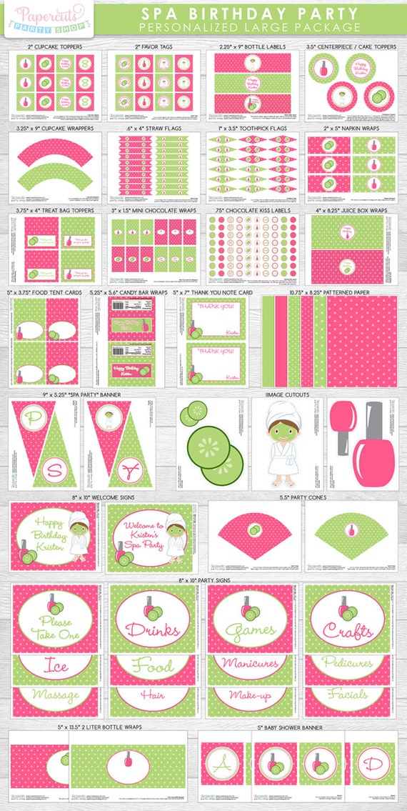 Spa Theme LARGE Birthday Party Package | Pink & Green | Personalized ...