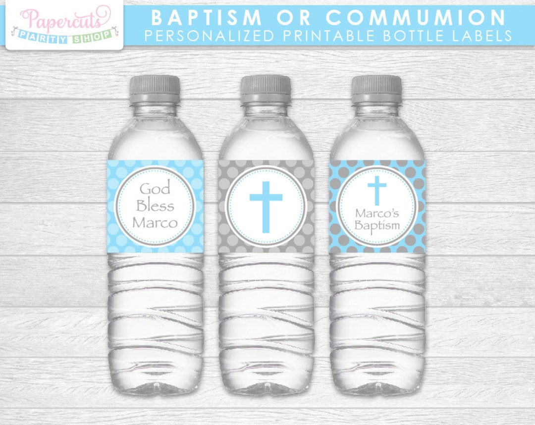 Baptism or First Holy Communion Water Bottle Labels | Blue & Grey ...