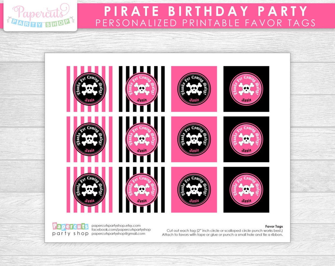 Pirate Theme Birthday Party Favor Tags Pink & Black - Etsy