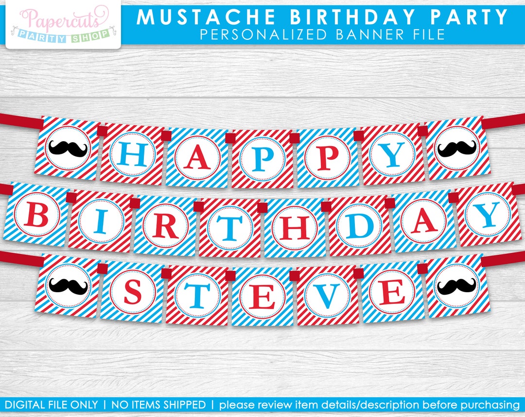 Mustache Theme Happy Birthday Party Banner | Red & Blue | Personalized ...