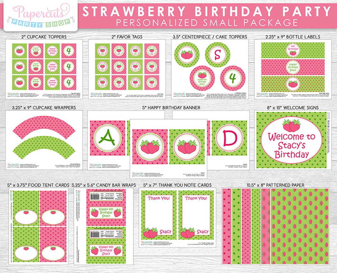 Strawberry Theme SMALL Birthday Party Package | Pink & Green ...