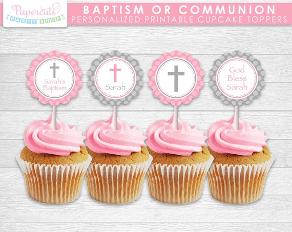 Baptism or First Holy Communion Cupcake Toppers | Pink & Grey ...
