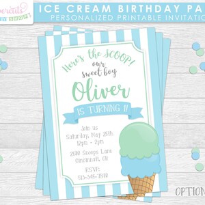 Ice Cream Theme Happy Birthday Party Invitation | Blue & Green ...
