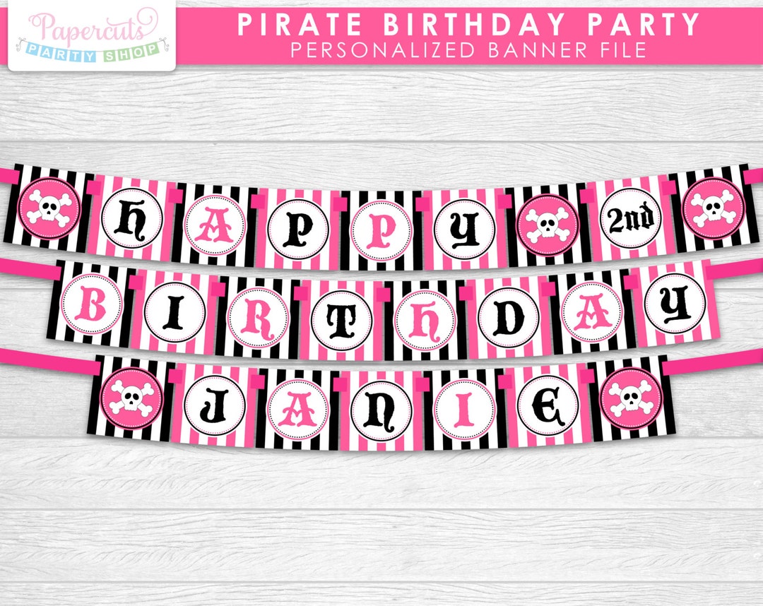 Pirate Theme Happy Birthday Party Banner | Pink & Black | Personalized ...