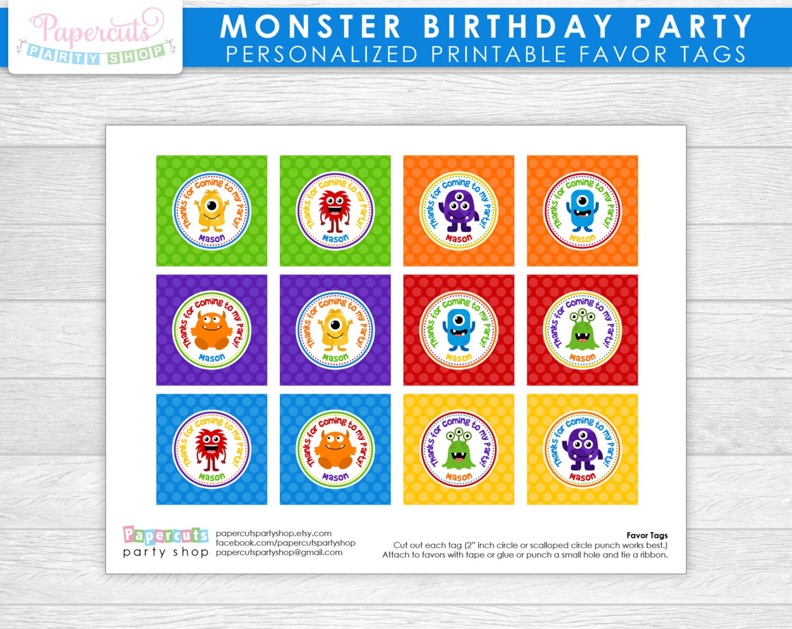 Little Monster Theme Birthday Party Favor Tag Blue Orange - Etsy