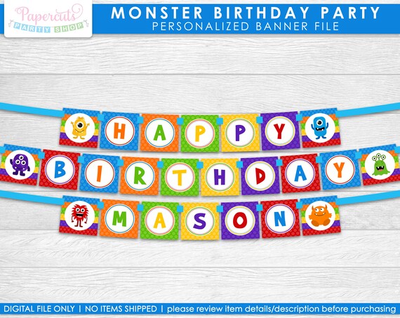 Little Monster Theme Happy Birthday Party Banner Blue | Etsy