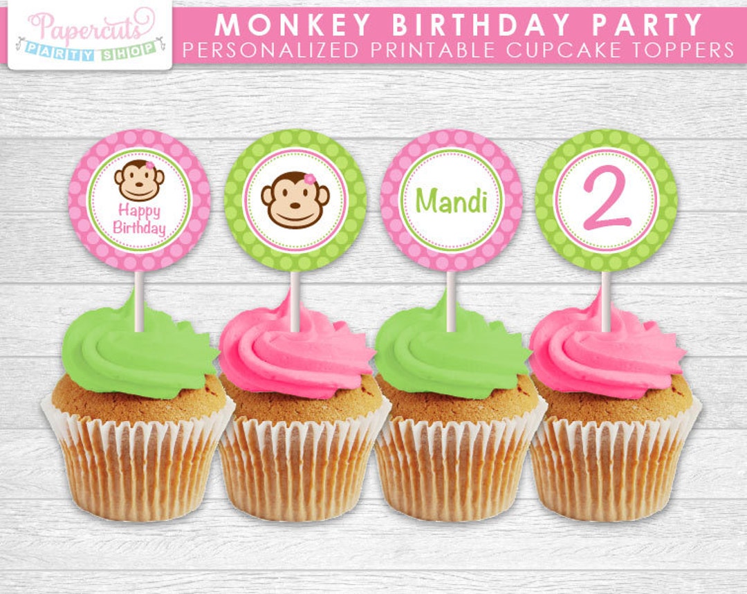 Monkey Girl Theme Birthday Party Cupcake Toppers | Pink & Green ...