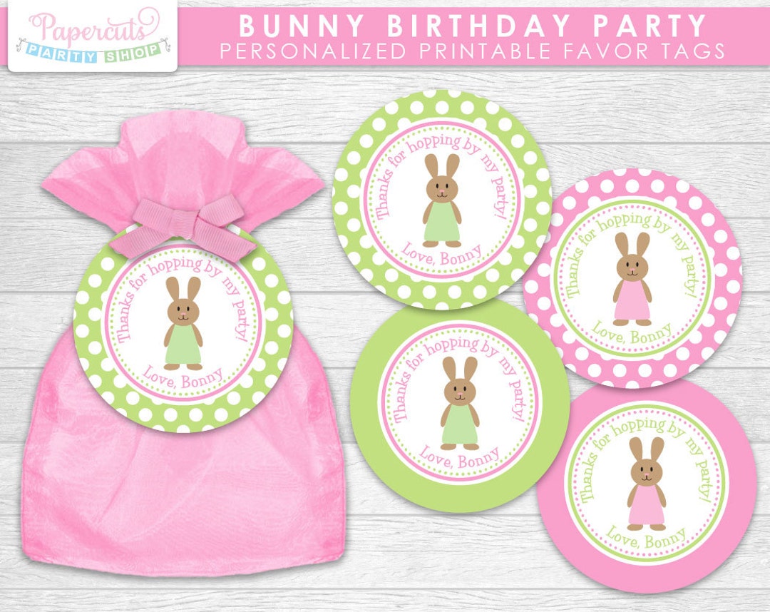 Bunny Rabbit Girl Theme Birthday Party Favor Tags | Pink & Green ...