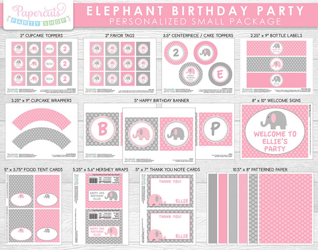 Elephant Theme SMALL Birthday Party Package | Pink & Grey ...