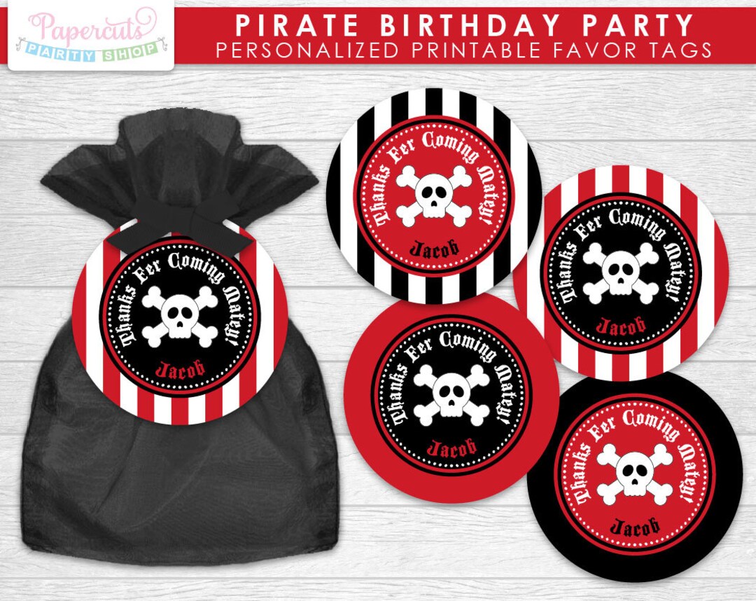 Pirate Theme Birthday Party Favor Tags | Red & Black | Personalized ...