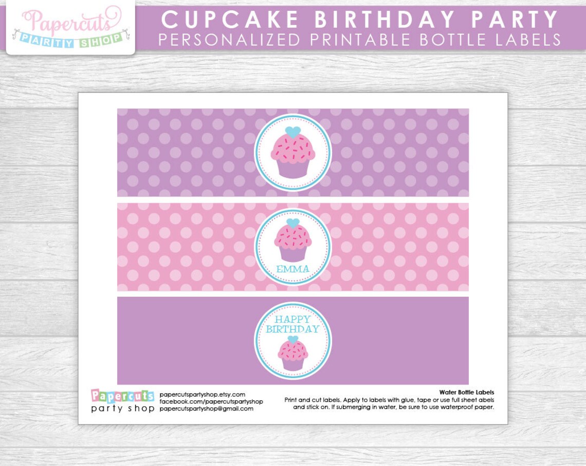 Cupcake Theme Birthday Party Water Bottle Labels Purple & | Etsy
