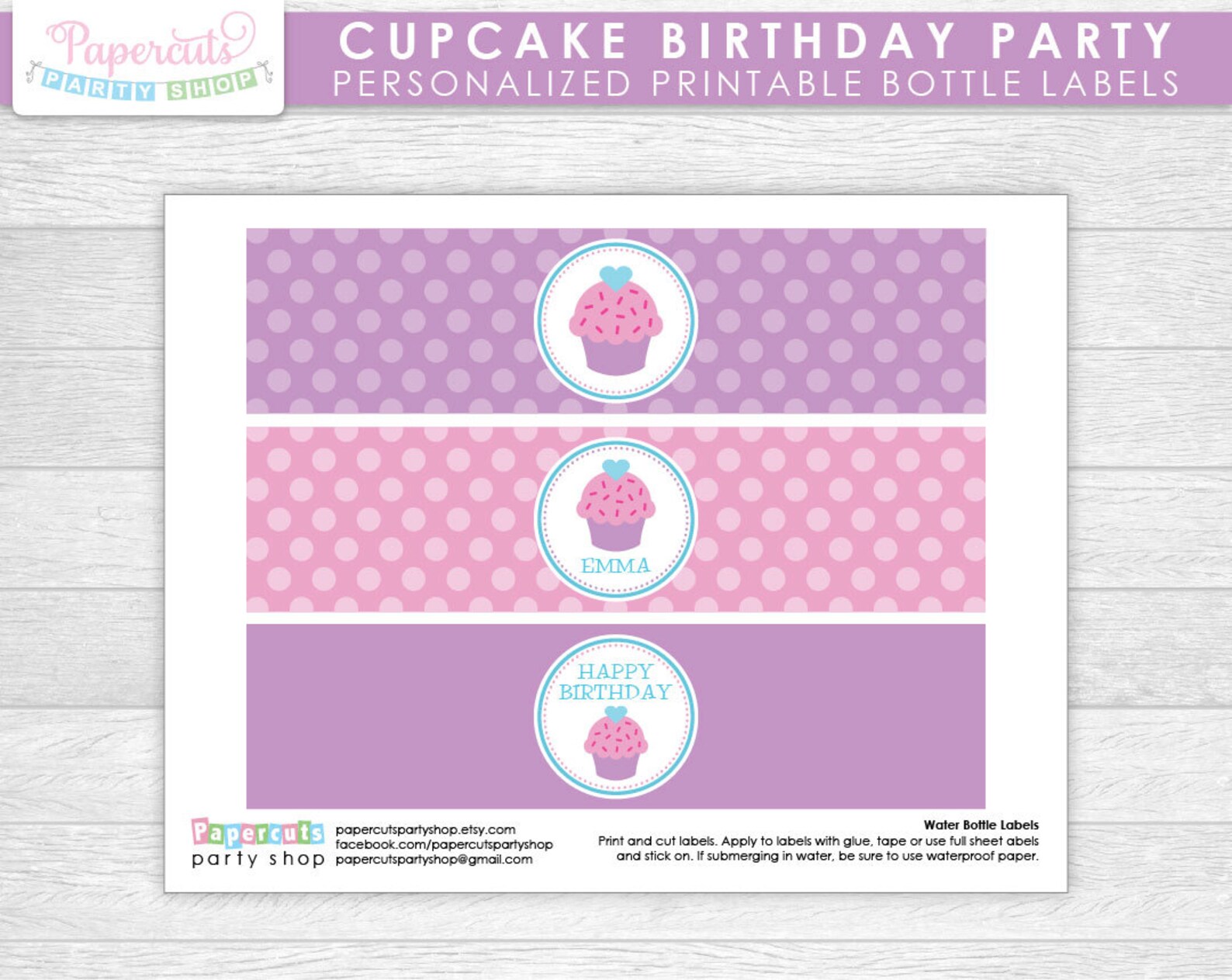 Cupcake Theme Birthday Party Water Bottle Labels Purple & | Etsy