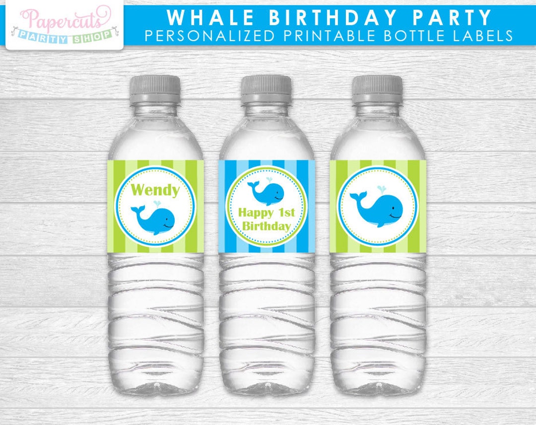 Whale Theme Birthday Party Water Bottle Labels | Blue & Green ...