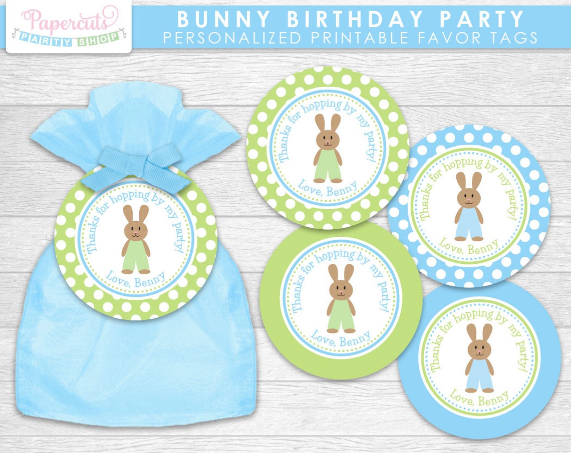 Bunny Rabbit Boy Theme Birthday Party Favor Tags Blue & - Etsy