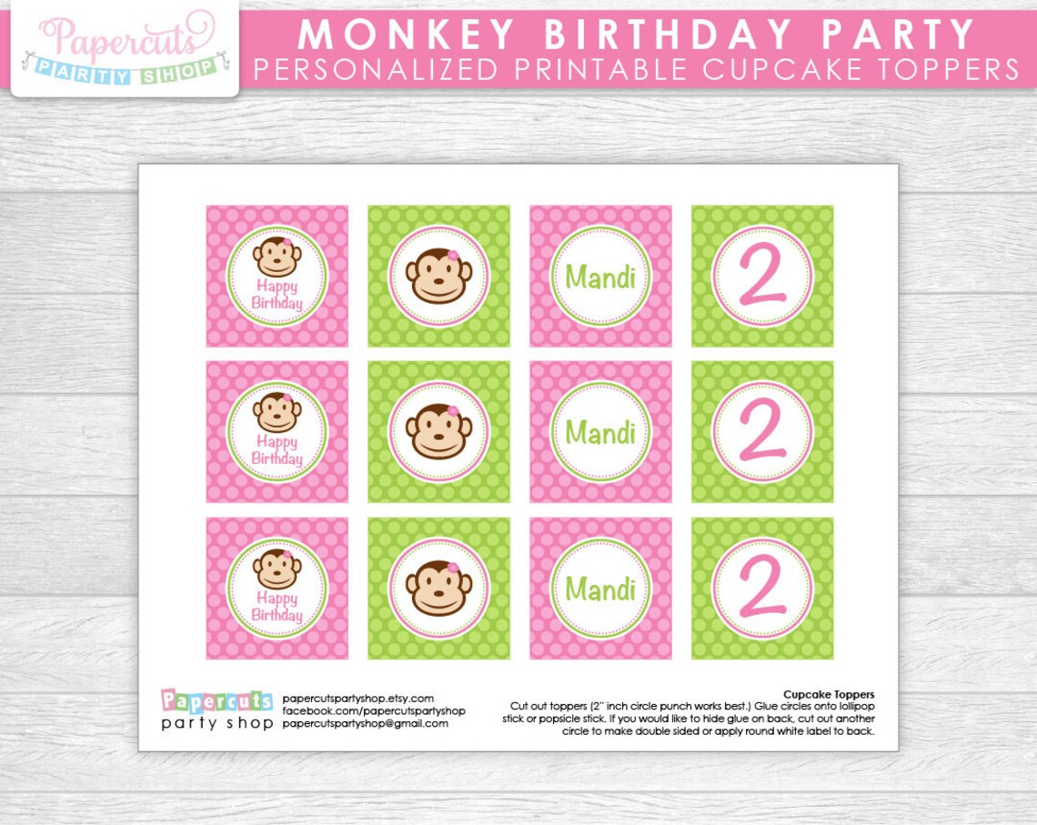 Monkey Girl Theme Birthday Party Cupcake Toppers Pink & - Etsy