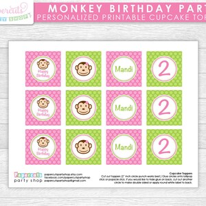 Monkey Girl Theme Birthday Party Cupcake Toppers | Pink & Green ...