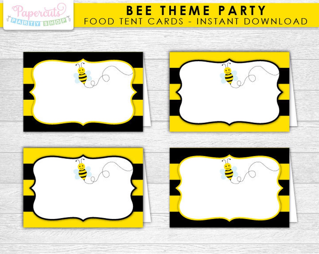 Busy Honey Bumble Bee Theme Blank Food Tent Cards | Black & Yellow ...