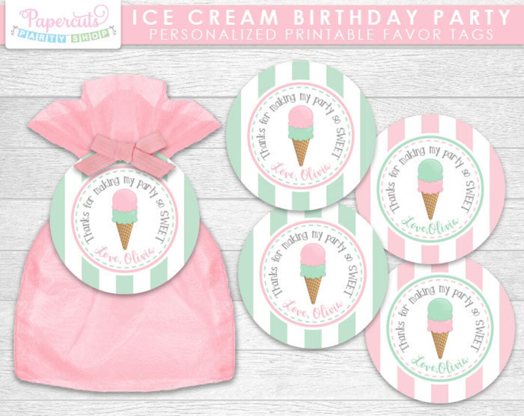 Ice Cream Theme Happy Birthday Party Favor Tags | Pink & Green ...