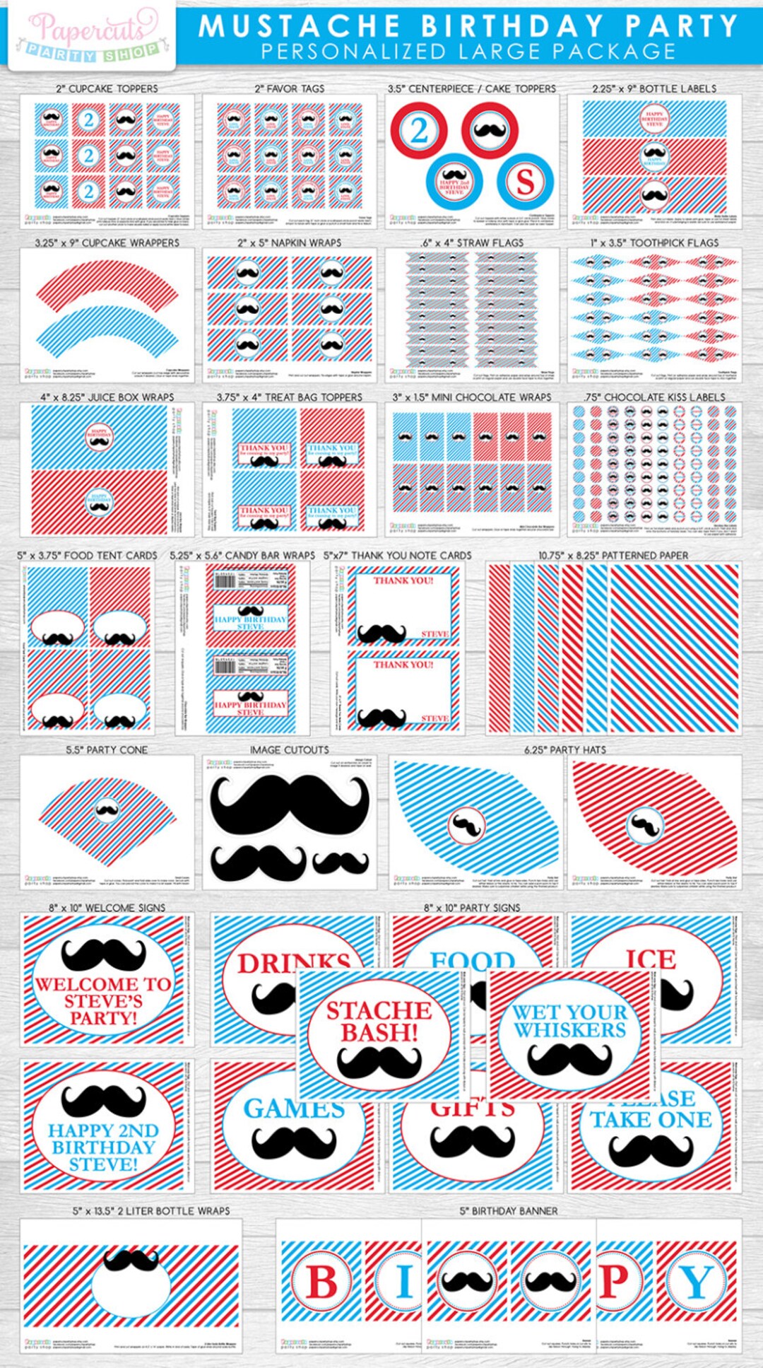 Mustache Theme LARGE Birthday Party Package | Red & Blue | Personalized ...