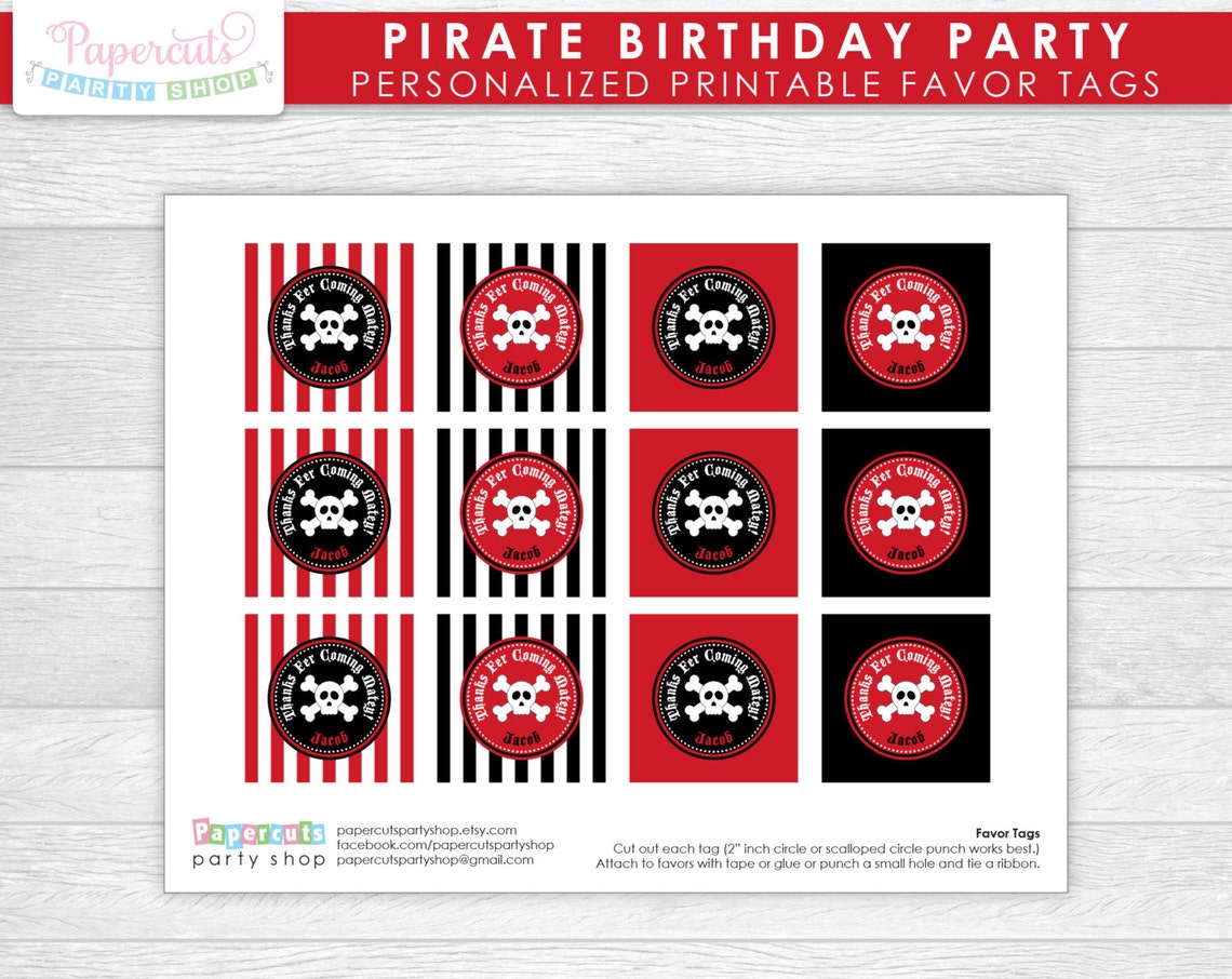Pirate Theme Birthday Party Favor Tags Red & Black | Etsy
