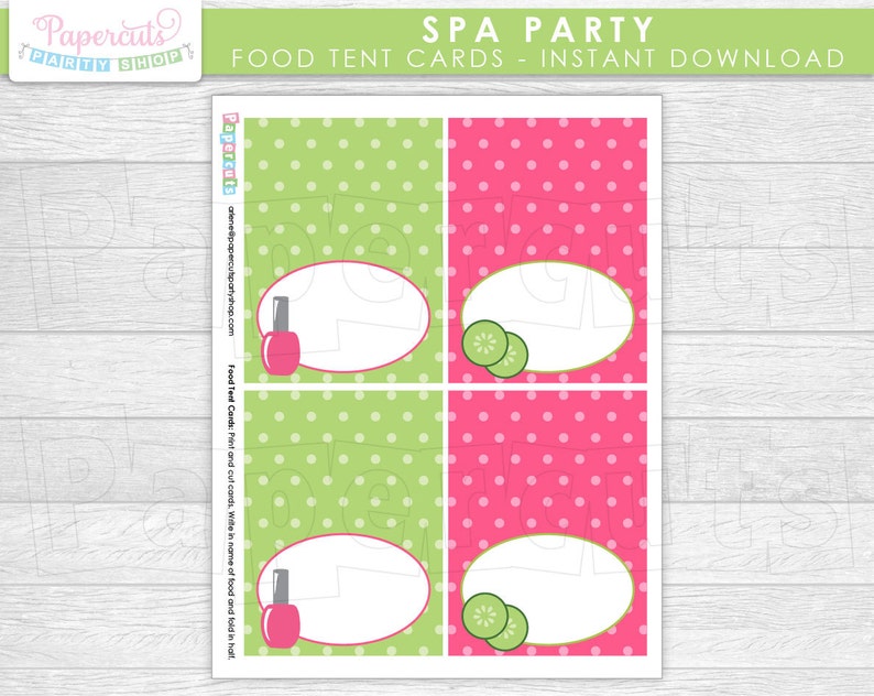 Spa Theme Birthday Party Blank Food Tent Cards Pink & Green | Etsy