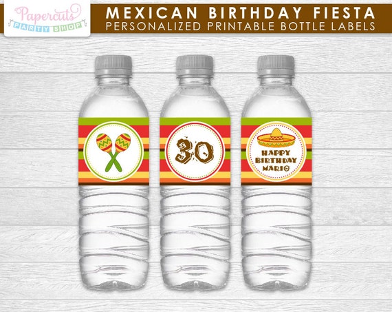 Mexican Fiesta Theme Birthday Party Water Bottle Labels | Personalized ...