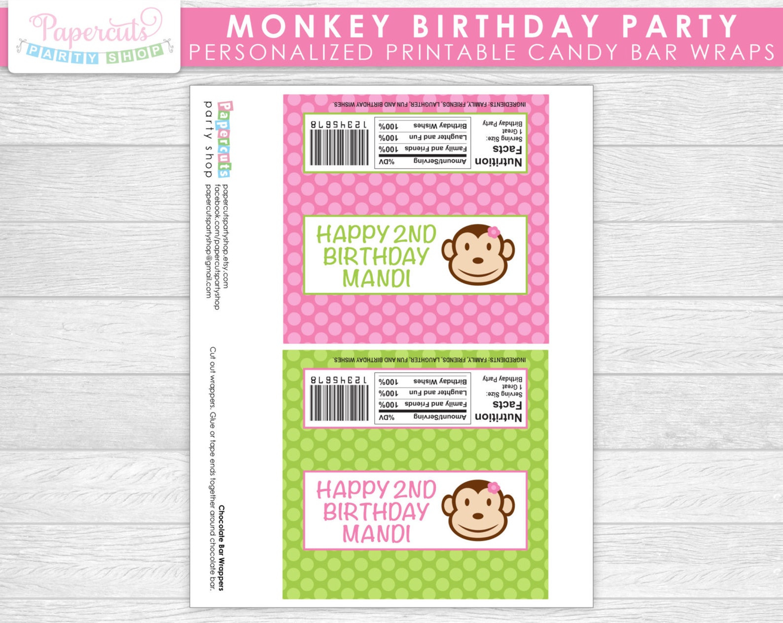 Monkey Girl Theme Birthday Party Chocolate Bar Wrappers Pink | Etsy