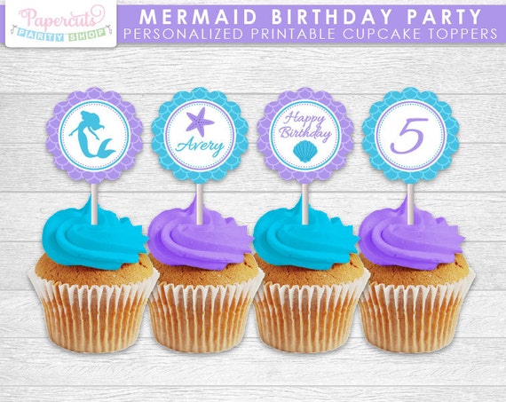 Mermaid Theme Birthday Party Cupcake Toppers | Purple & Blue ...