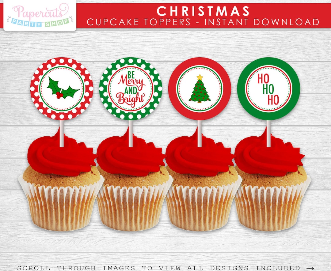 Christmas Theme Cupcake Toppers Merry Christmas Red & Green Non ...