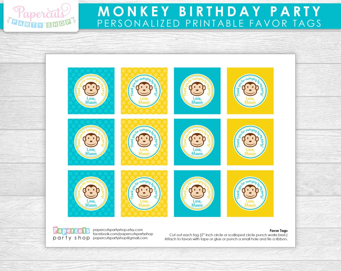 Monkey Boy Theme Birthday Party Favor Tags Yellow & Teal - Etsy