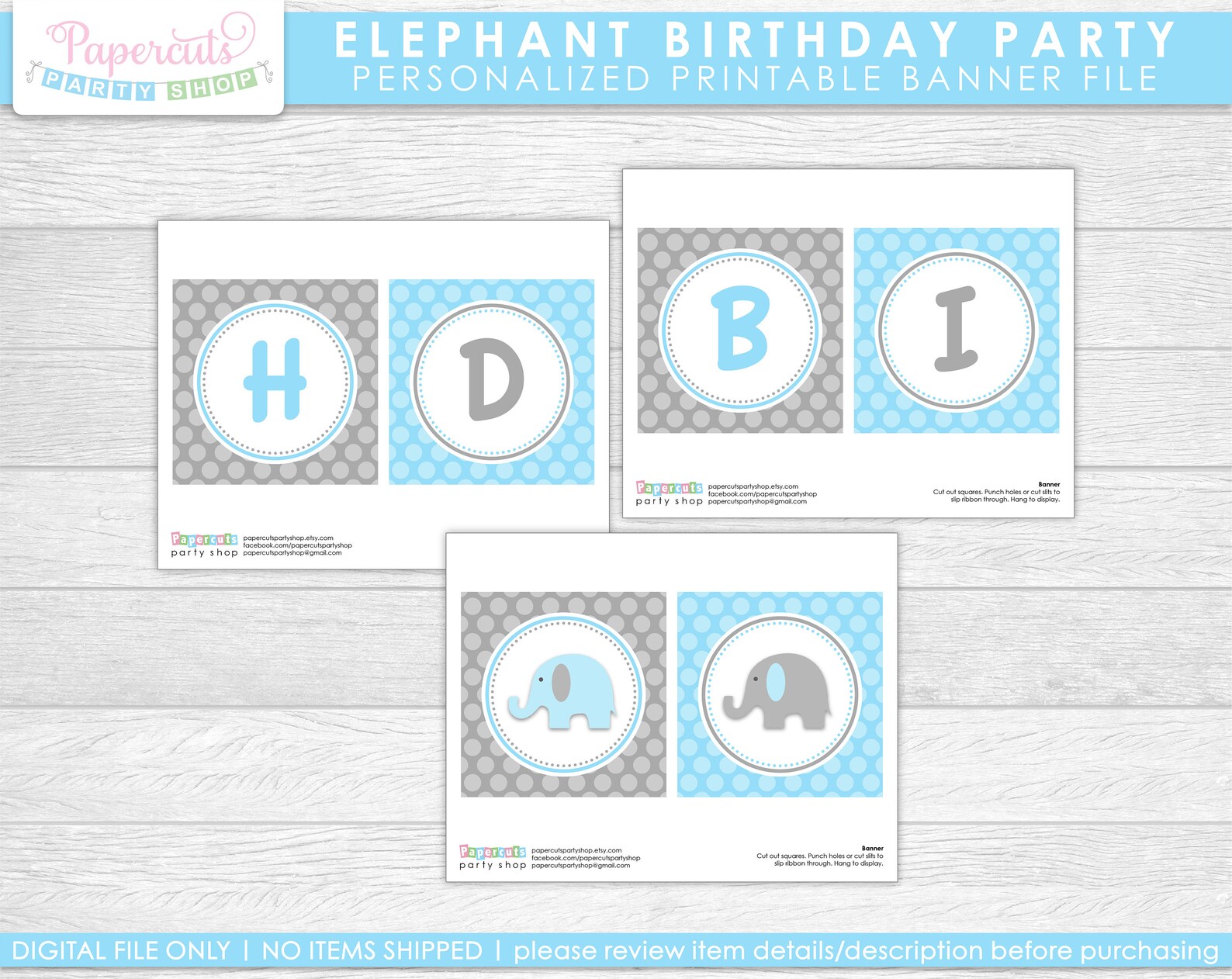 Elephant Theme Happy Birthday Party Banner Blue & Grey | Etsy