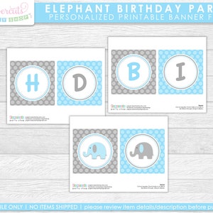 Elephant Theme Happy Birthday Party Banner | Blue & Grey | Personalized ...