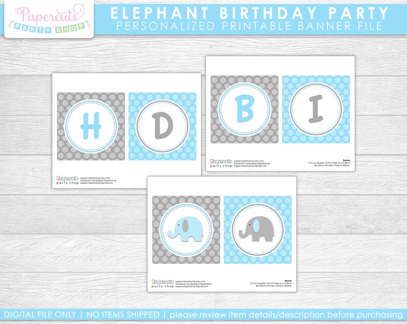 Elephant Theme Happy Birthday Party Banner Blue & Grey | Etsy