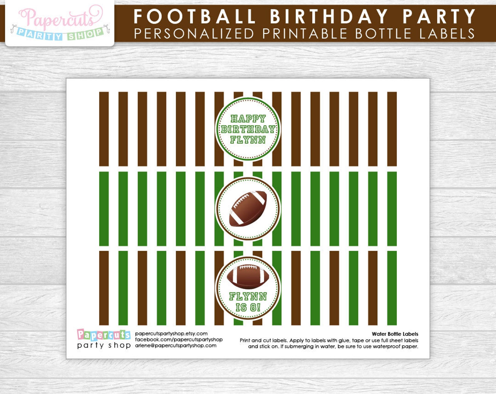 Football Theme Birthday Party Water Bottle Labels | Green & Brown ...