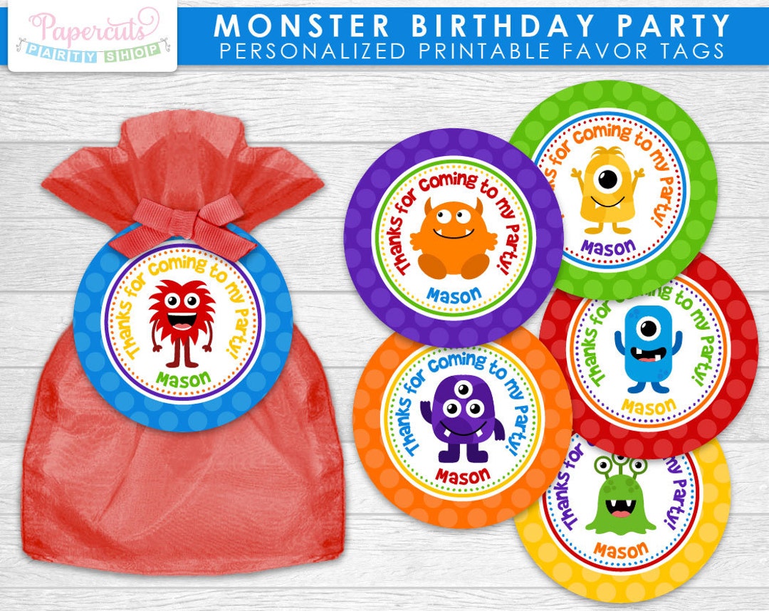 Little Monster Theme Birthday Party Favor Tag | Blue, Orange, Green ...