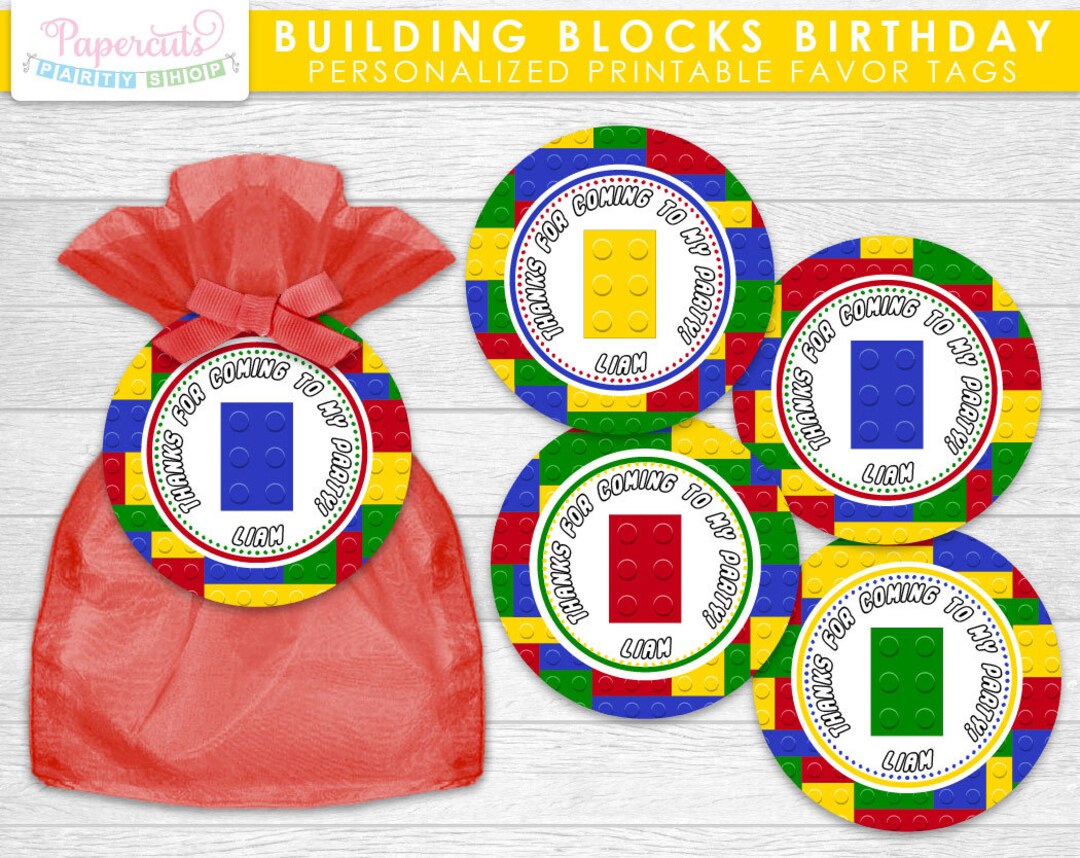 Building Blocks Theme Birthday Party Favor Tags | Yellow Red Blue ...