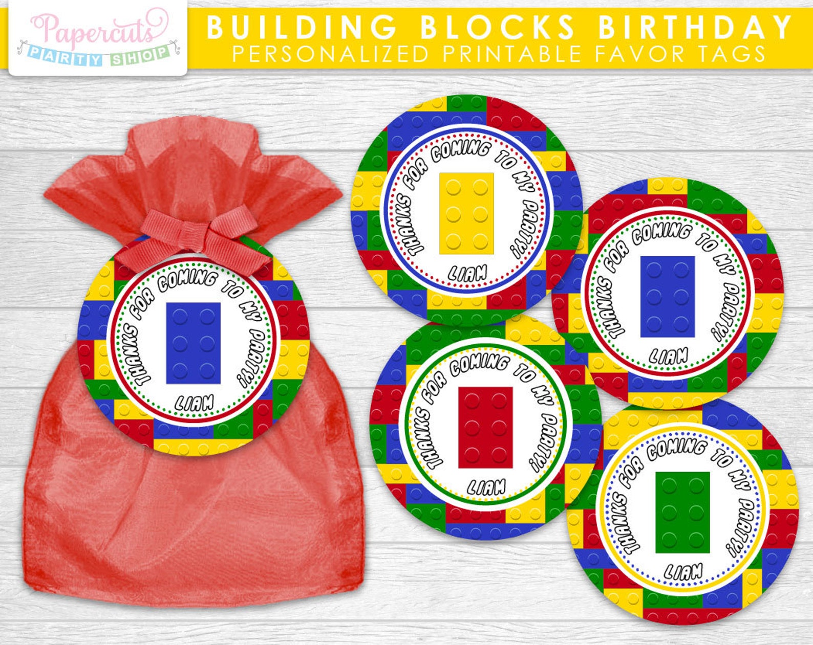 Building Blocks Theme Birthday Party Favor Tags Yellow Red | Etsy
