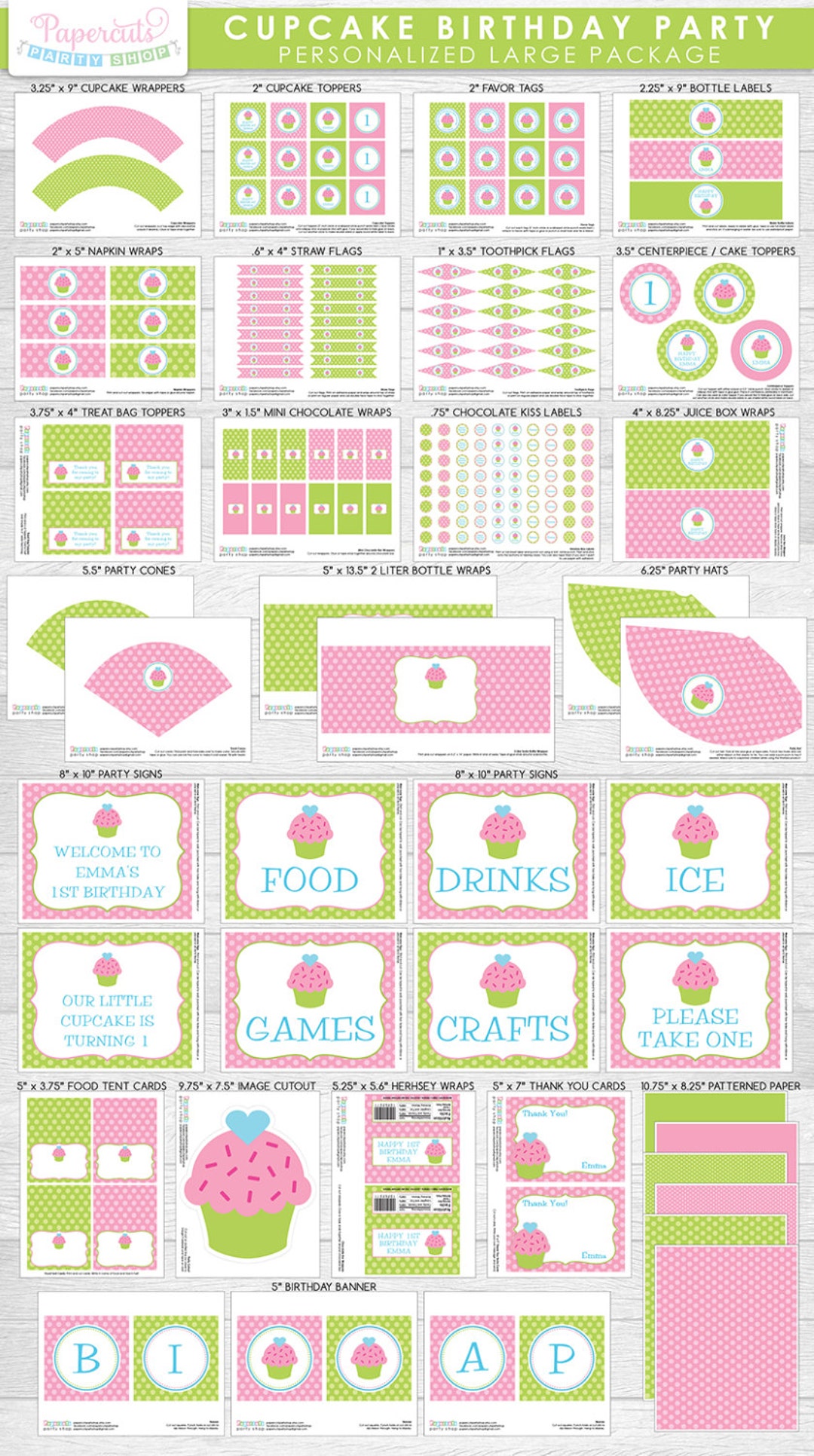 Cupcake Theme LARGE Happy Birthday Party Package | Green & Pink ...