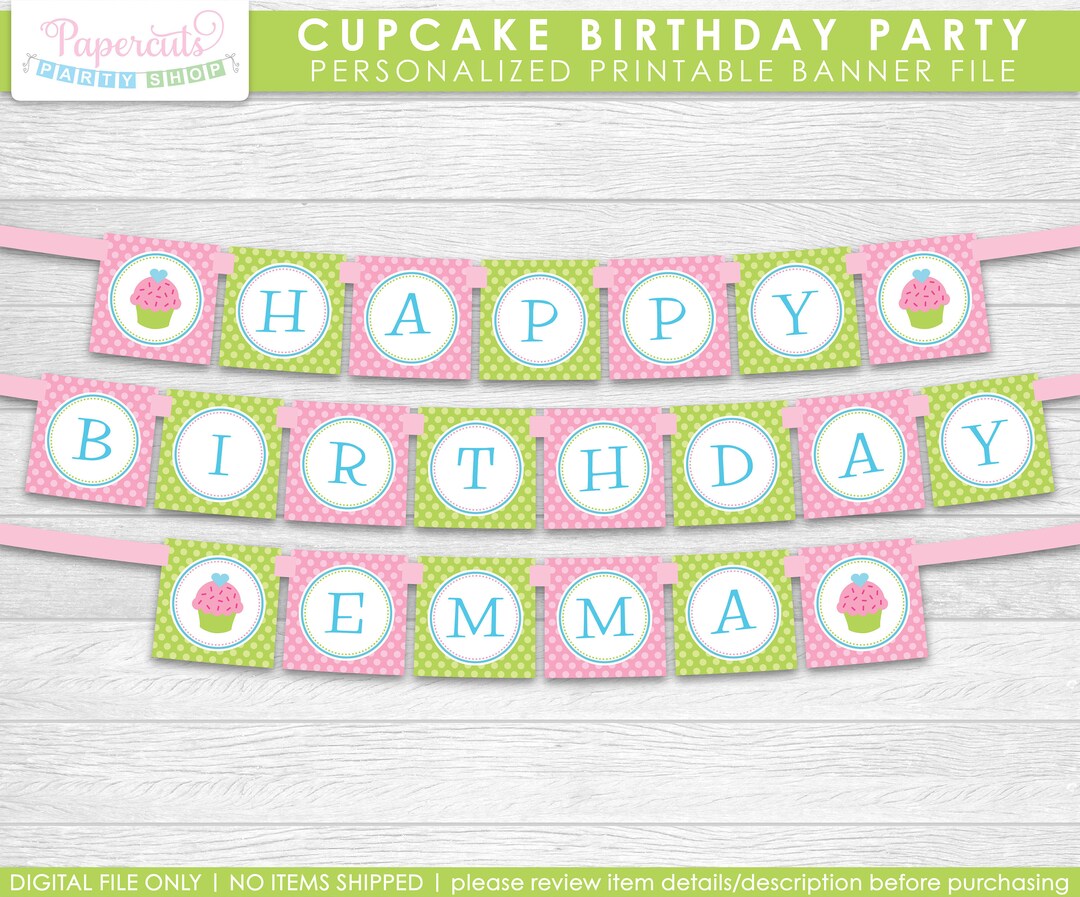 Cupcake Theme Happy Birthday Party Banner | Green & Pink | Personalized ...