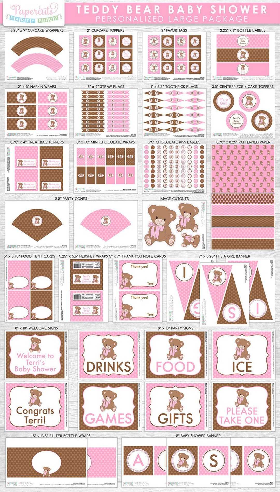 Teddy Bear Theme LARGE Baby Shower Party Package | Pink & Brown | It's ...