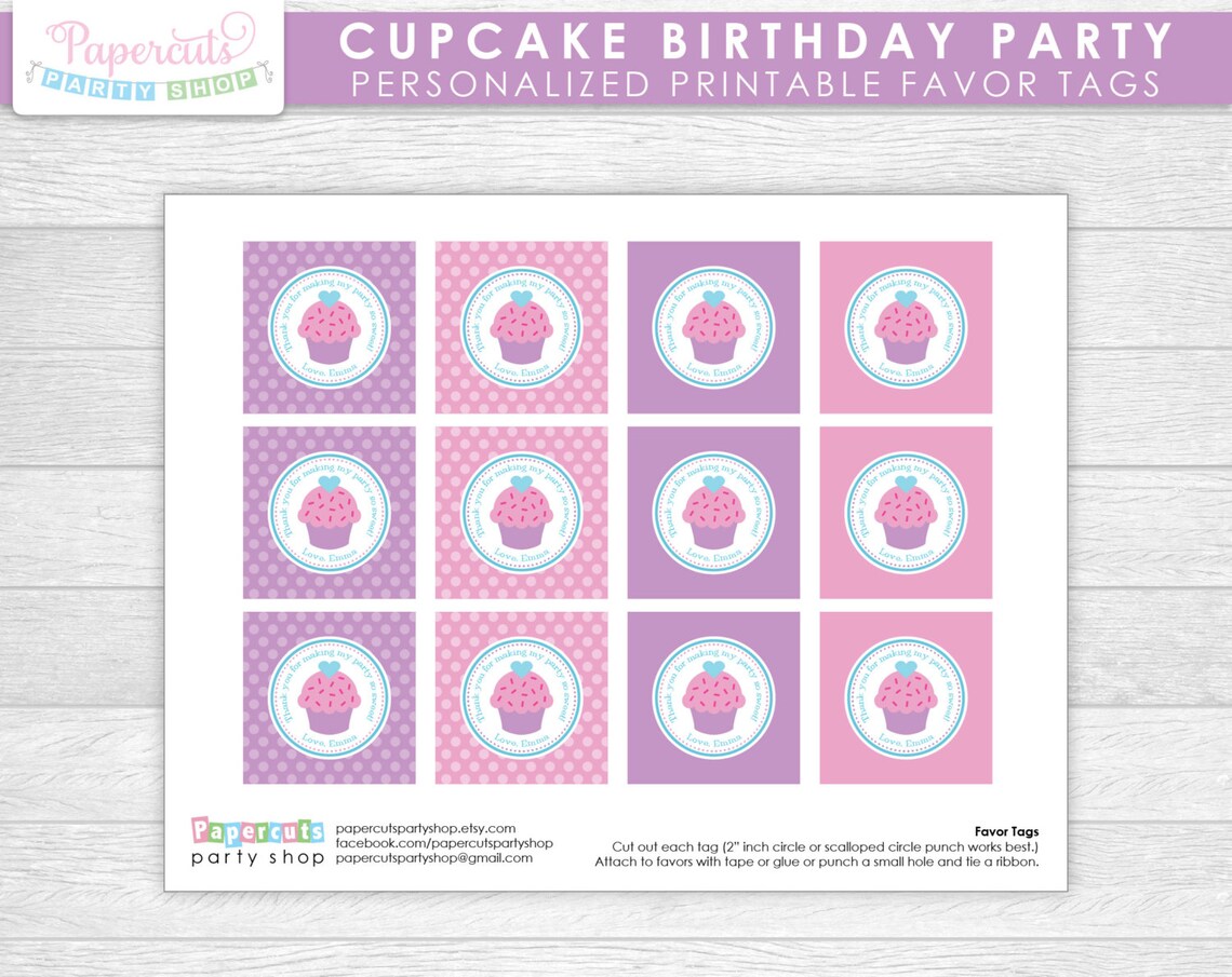Cupcake Theme Birthday Party Favor Tags Purple & Pink | Etsy
