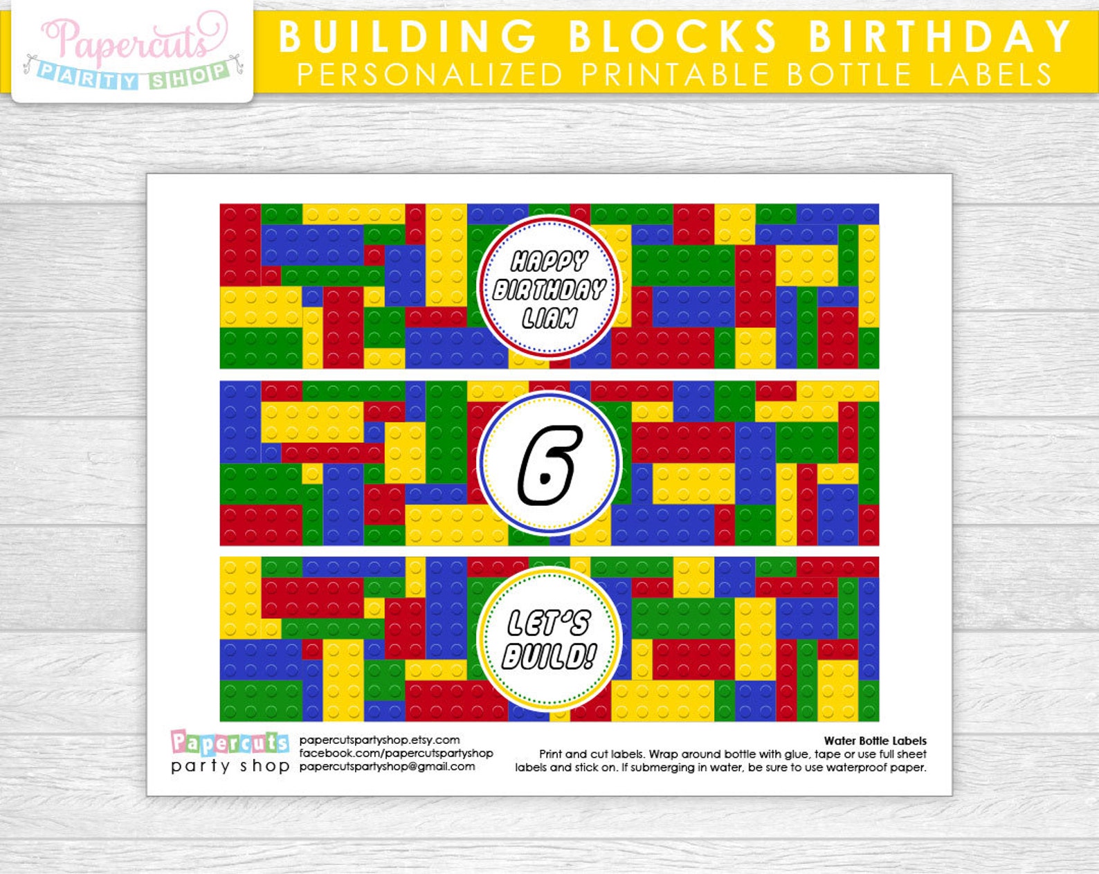 Building Blocks Theme Birthday Party Water Bottle Labels | Yellow Red ...