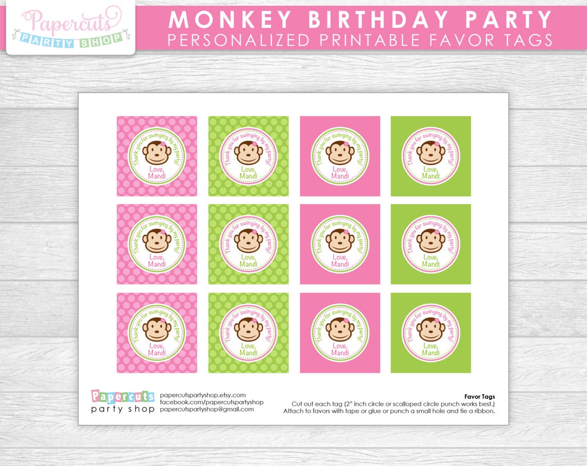 Monkey Girl Theme Birthday Party Favor Tags Pink & Green - Etsy