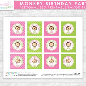 Monkey Girl Theme Birthday Party Favor Tags | Pink & Green ...