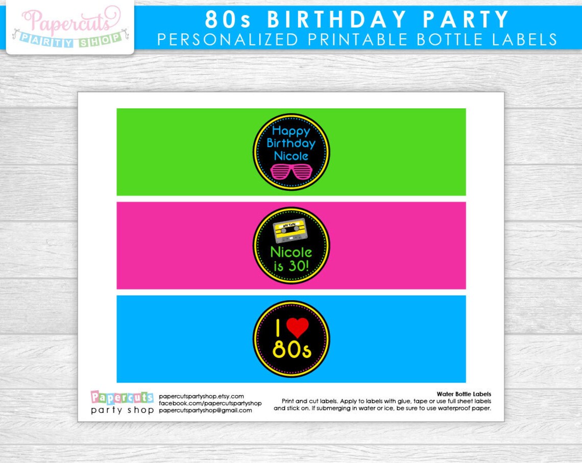 Totally 80s Theme Birthday Party Water Bottle Labels Neon | Etsy