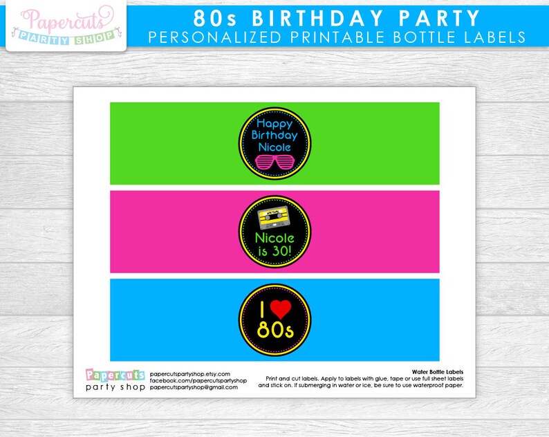 Totally 80s Theme Birthday Party Water Bottle Labels Neon - Etsy