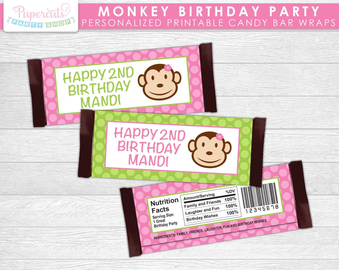 Monkey Girl Theme Birthday Party Chocolate Bar Wrappers | Pink & Green ...