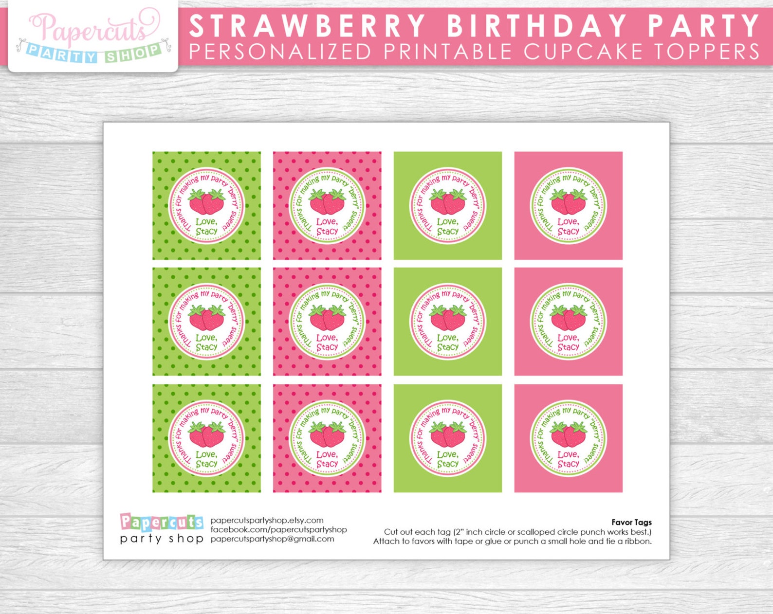 Strawberry Theme Birthday Party Favor Tags Pink & Green - Etsy