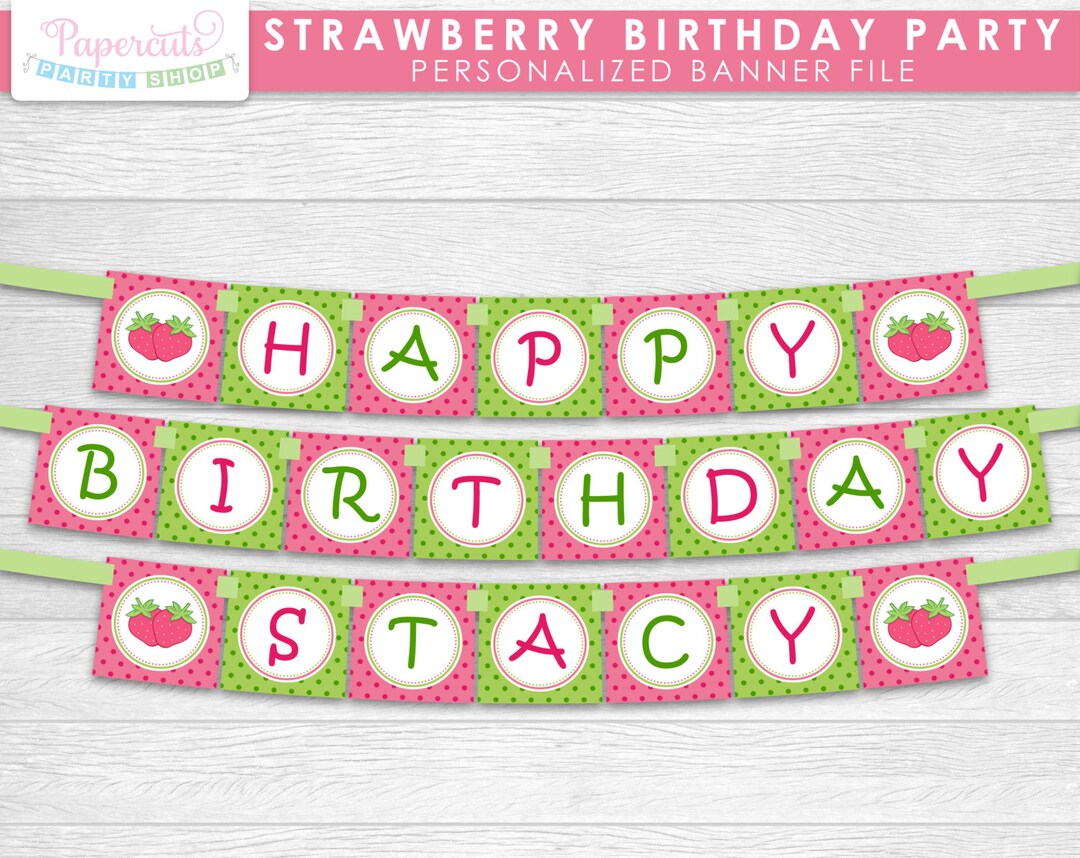Strawberry Theme Happy Birthday Party Banner | Pink & Green ...